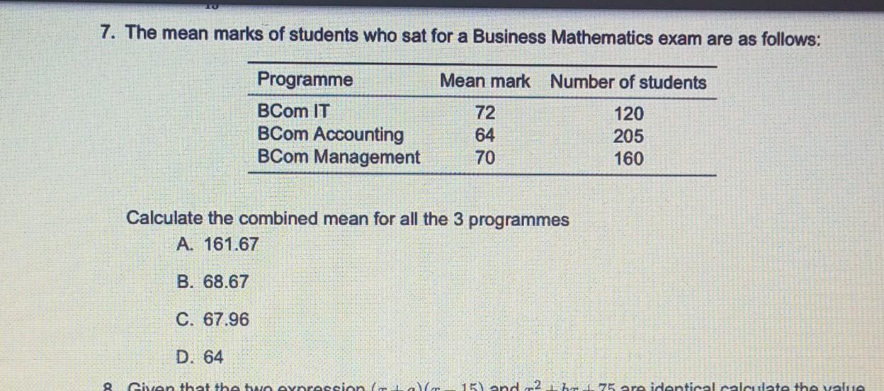 Solved 7. The mean marks of students who sat for a Business | Chegg.com