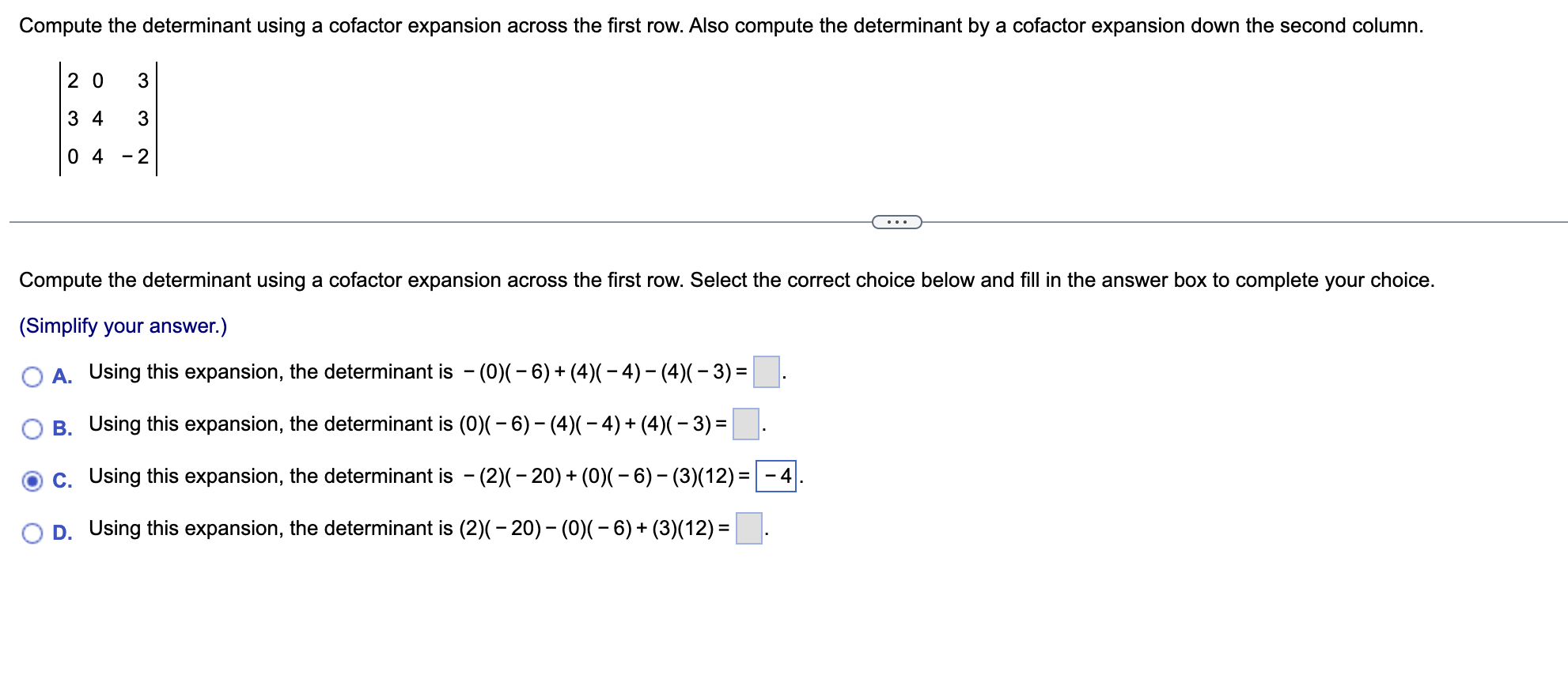 Compute the determinant using a cofactor expansion | Chegg.com