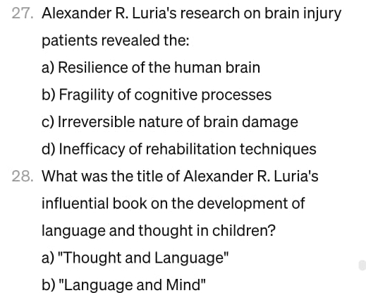 Solved Alexander R. ﻿Luria's research on brain injury | Chegg.com