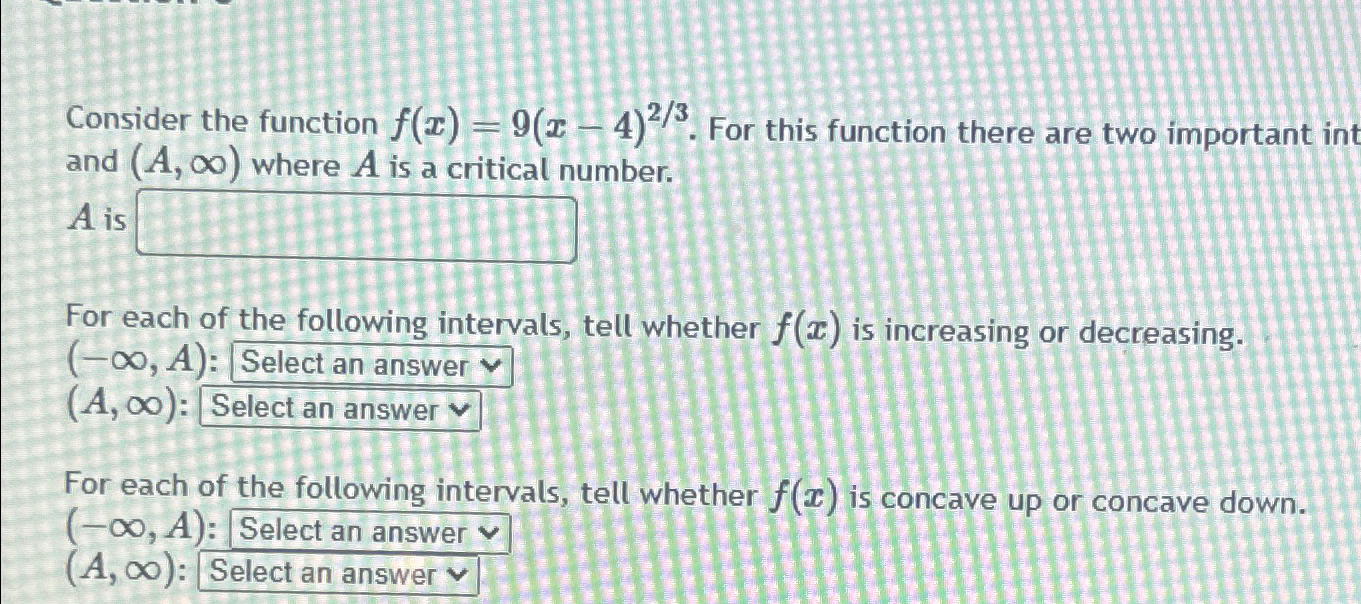 Solved Consider the function f(x)=9(x-4)23. ﻿For this | Chegg.com