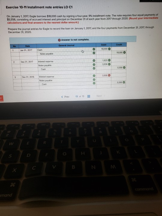Solved Exercise 10-11 Installment note entries LO C1 On | Chegg.com