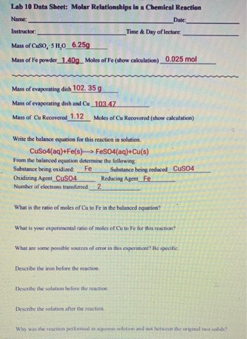 Solved Lab 10 Data Sbeet: Molar Relationships in a Chemical | Chegg.com