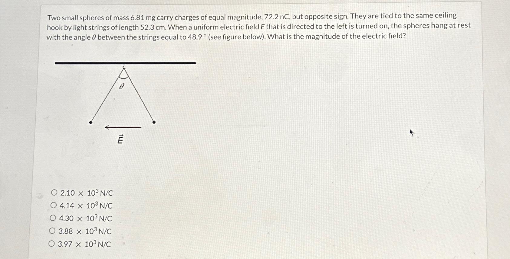 Solved Two small spheres of mass 6.81mg ﻿carry charges of | Chegg.com