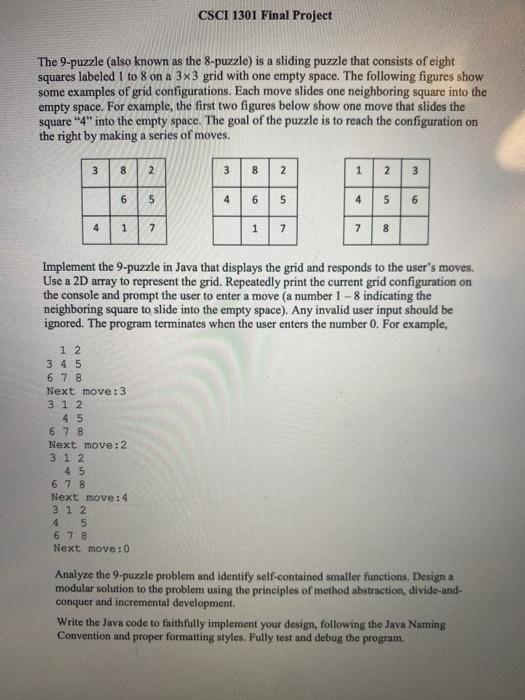 Solved CSCI 1301 Final Project The 9-puzzle (also known as | Chegg.com