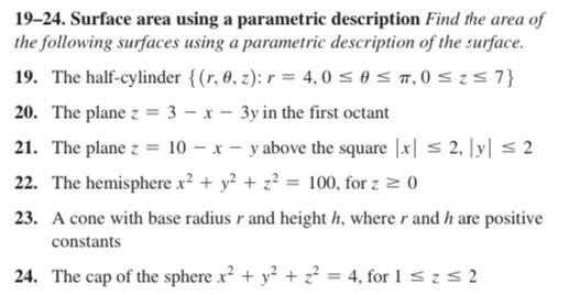 Solved 19-24. Surface area using a parametric description | Chegg.com