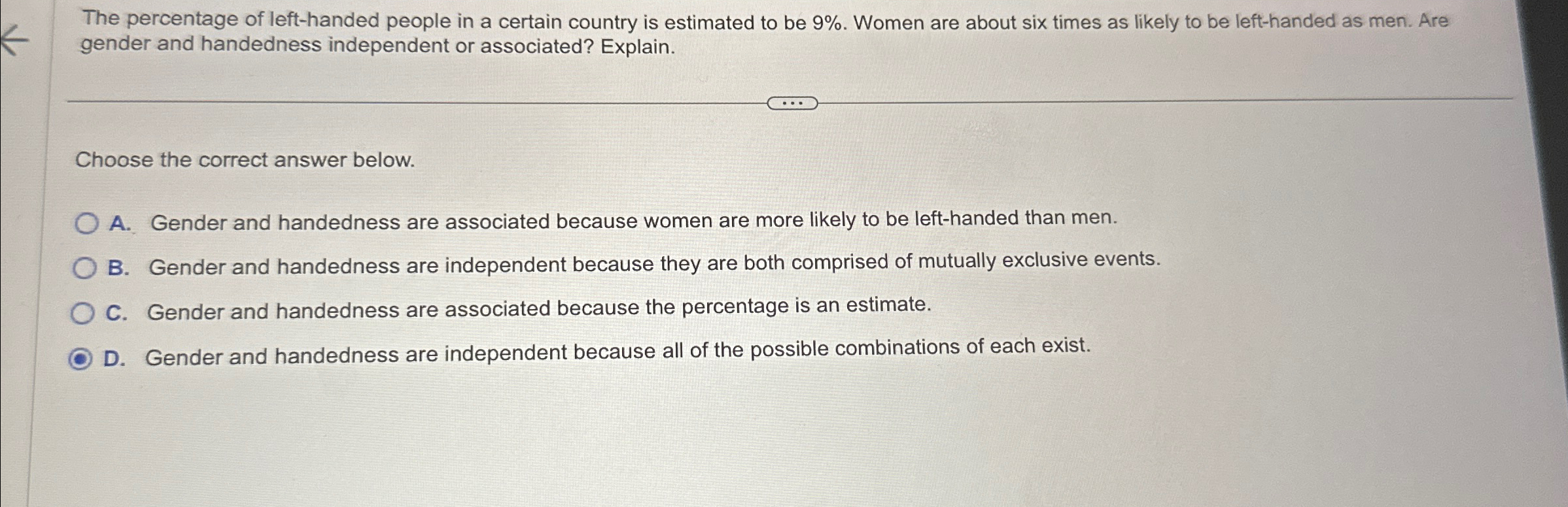 Solved The percentage of left-handed people in a certain | Chegg.com