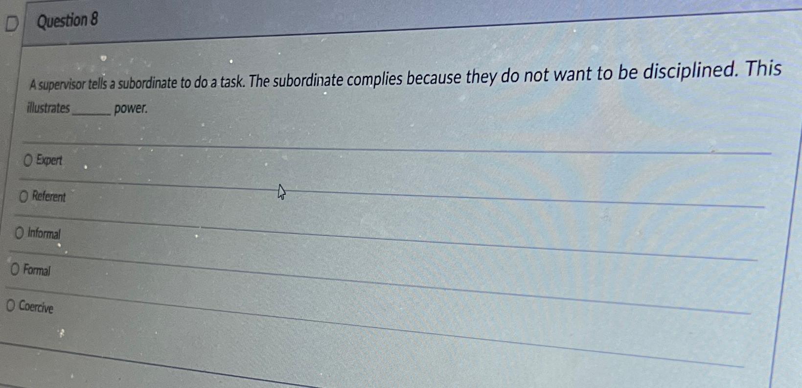 Solved Question 8A supervisor tells a subordinate to do a | Chegg.com