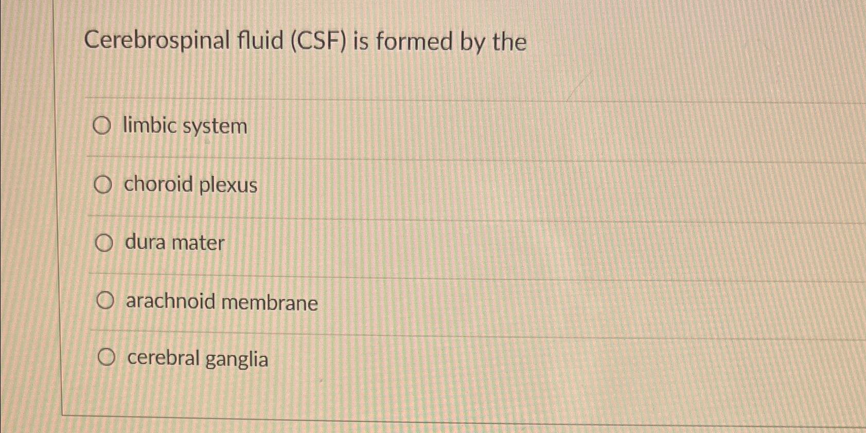 Solved Cerebrospinal fluid (CSF) ﻿is formed by thelimbic | Chegg.com