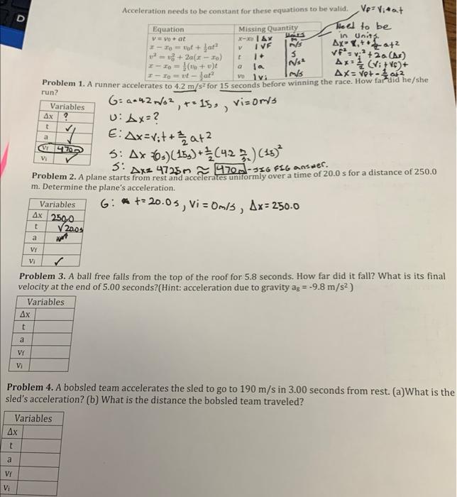 Solved Acceleration needs to be constant for these equations | Chegg.com