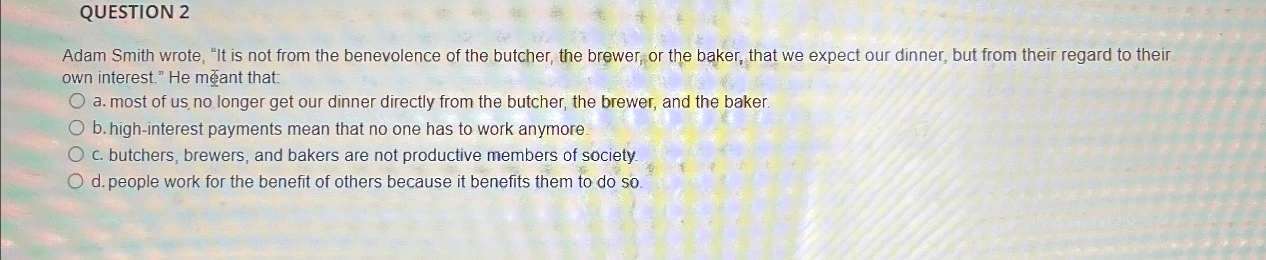 Solved QUESTION 2Adam Smith wrote, "It is not from the | Chegg.com