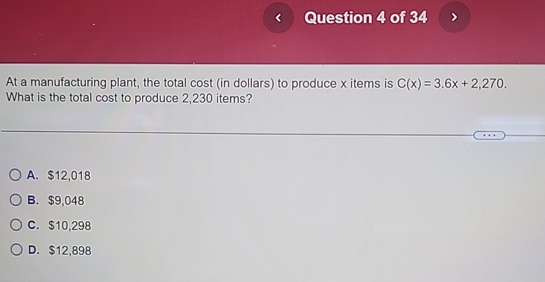 Solved At a manufacturing plant, the total cost (in dollars) | Chegg.com