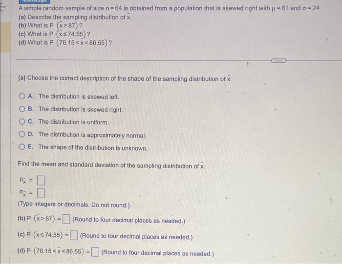 Solved A simple random sample of size n=64 is obtained from | Chegg.com