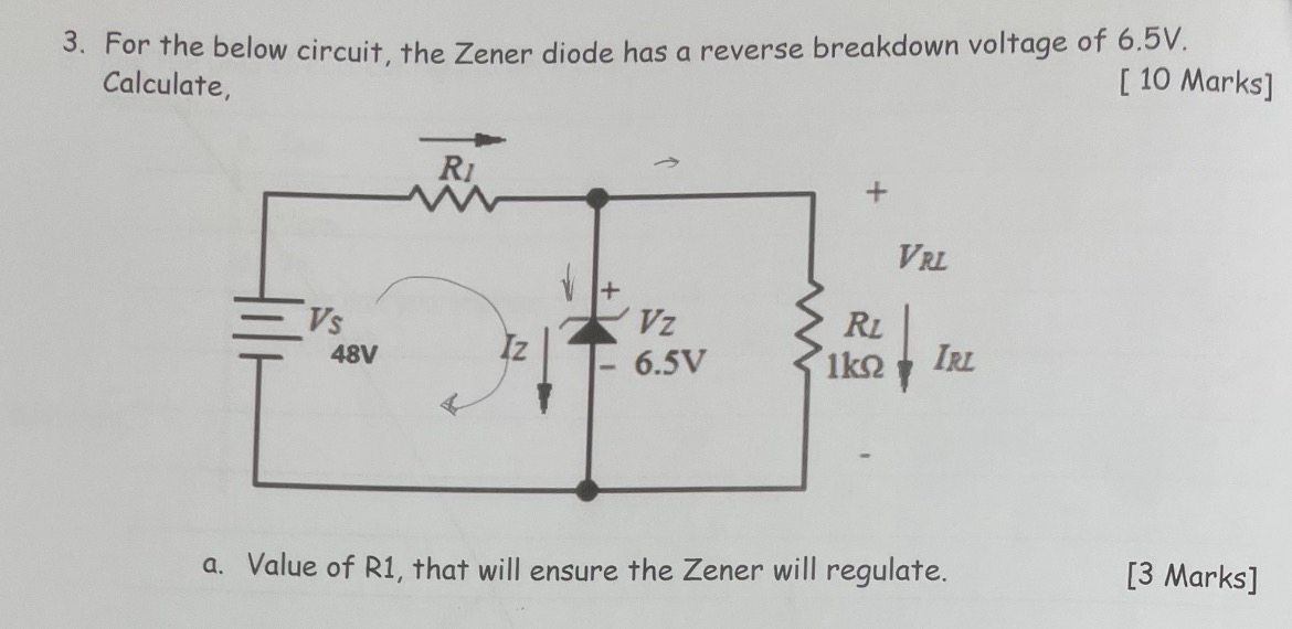 Solved For the below circuit, the Zener diode has a reverse | Chegg.com
