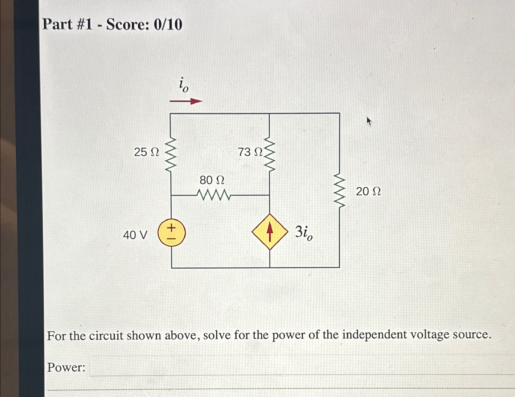 Solved Part #1 - ﻿Score: 010For the circuit shown above, | Chegg.com