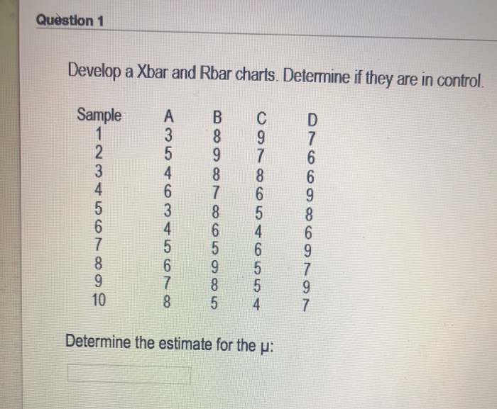 Solved Question 1 Develop a Xbar and Rbar charts. Determine | Chegg.com