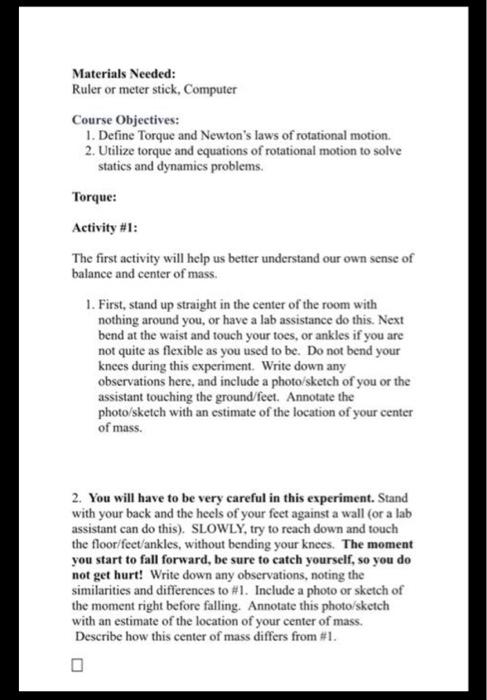 Solved Materials Needed: Ruler or meter stick, Computer | Chegg.com