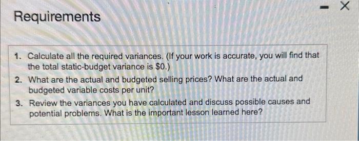 Solved Requirements 1. Calculate all the required variances. | Chegg.com Solved Requirements 1. Calculate all the required variances. | Chegg.com