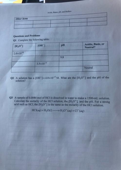 Solved Team REPORT SHEET Acids, Bases, pH, and Buffers pH A. | Chegg.com