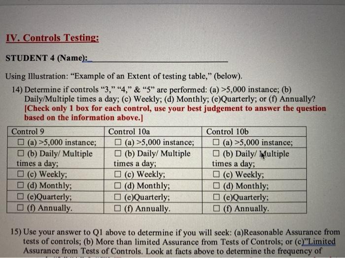 IV. Controls Testing: STUDENT 4 (Name): Using | Chegg.com