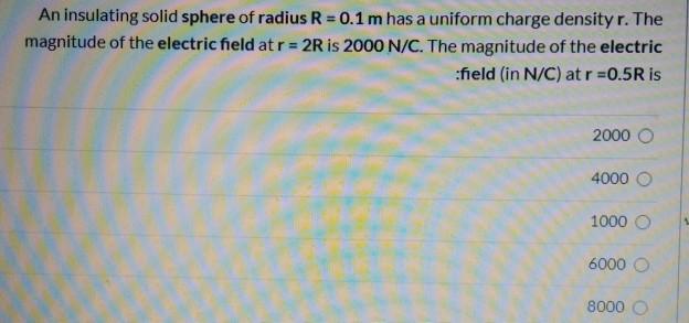 Solved An insulating solid sphere of radius R = 0.1 m has a | Chegg.com