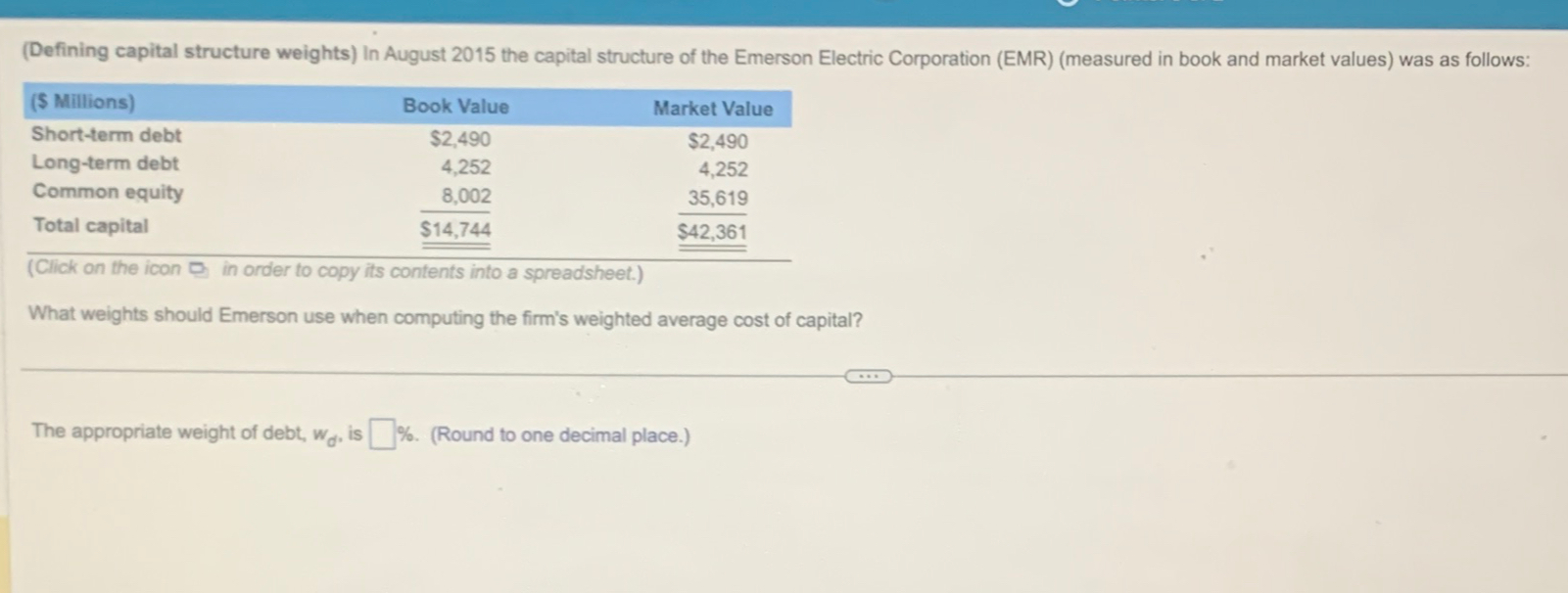 Solved (Defining capital structure weights) ﻿In August 2015 | Chegg.com