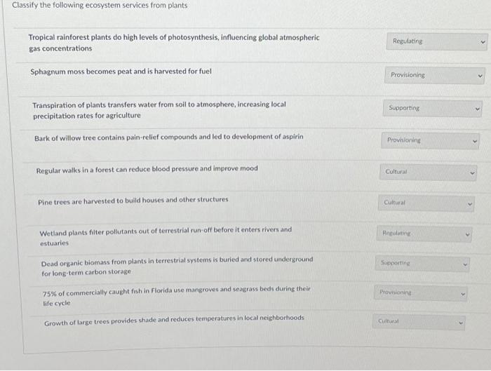 Solved Classify the following ecosystem services from plants | Chegg.com