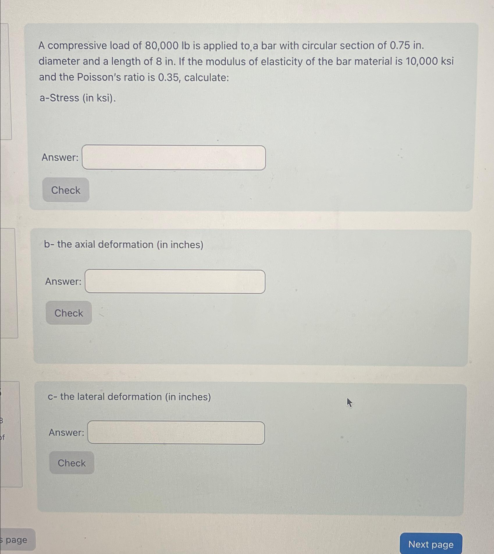 Solved A compressive load of 80,000lb ﻿is applied to a bar | Chegg.com