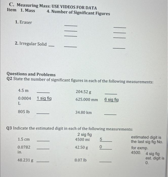 Solved C. Measuring Mass: USE VIDEOS FOR DATA Item 1. Mass | Chegg.com