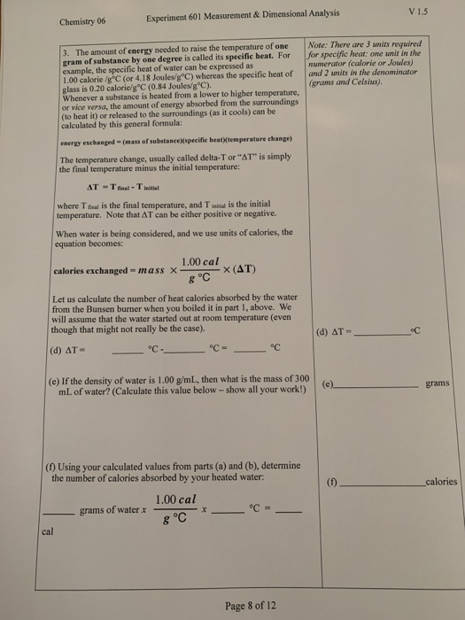 V 1.5 Chemistry 06 Experiment 601 Measurement & | Chegg.com