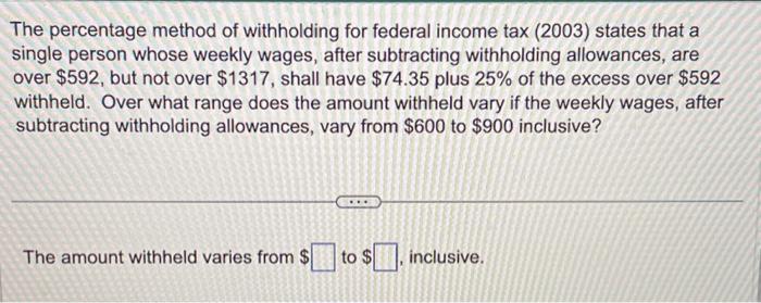 Solved The percentage method of withholding for federal | Chegg.com