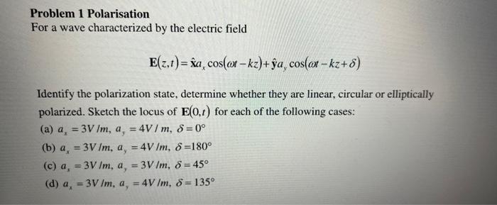 Solved Problem 1 Polarisation For a wave characterized by | Chegg.com
