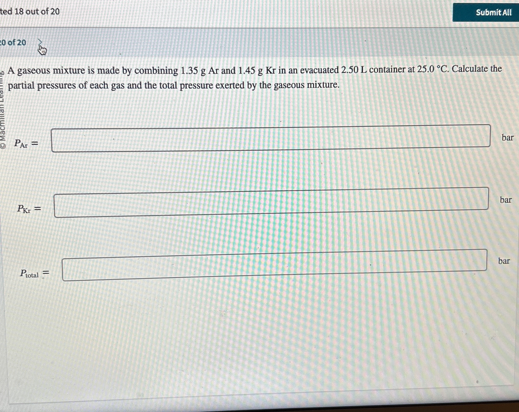 Solved ted 18 ﻿out of 2020 ﻿of 20A gaseous mixture is made | Chegg.com
