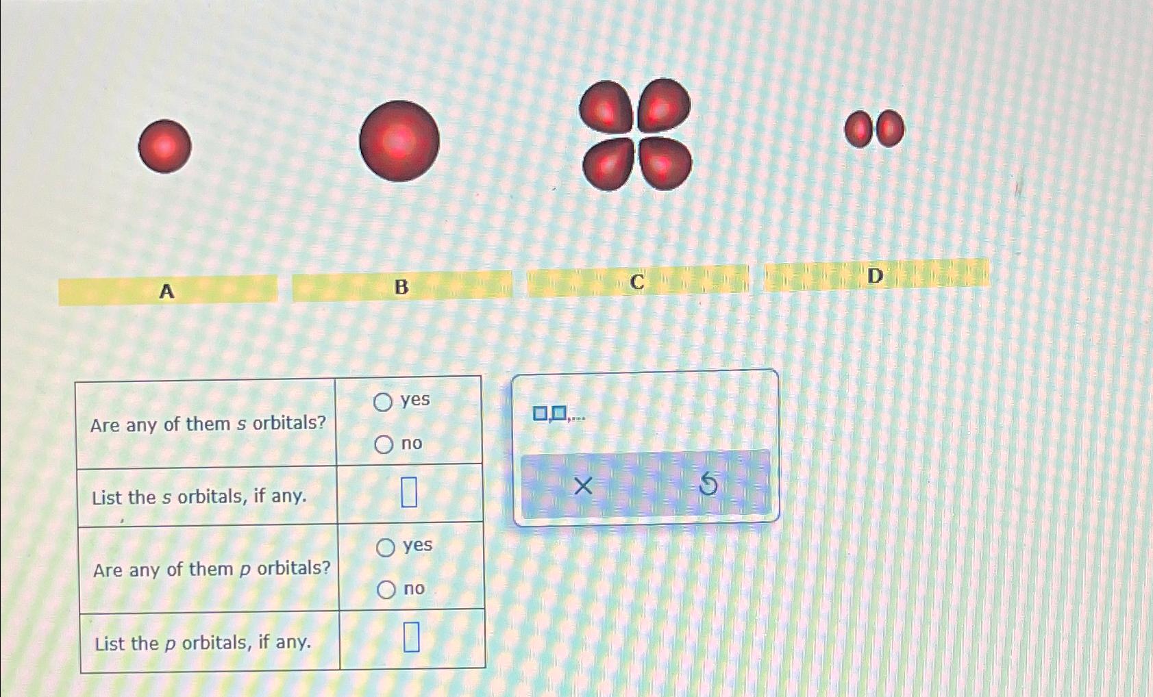 Solved ABCD\table[[Are any of them s ﻿orbitals?,yes],[List | Chegg.com