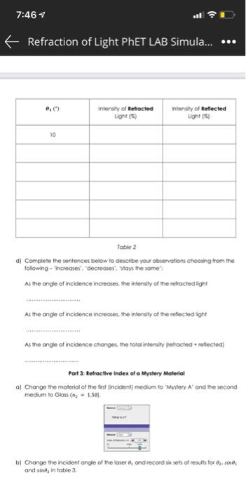 7:45 Refraction of Light PhET LAB Simula... Bending | Chegg.com