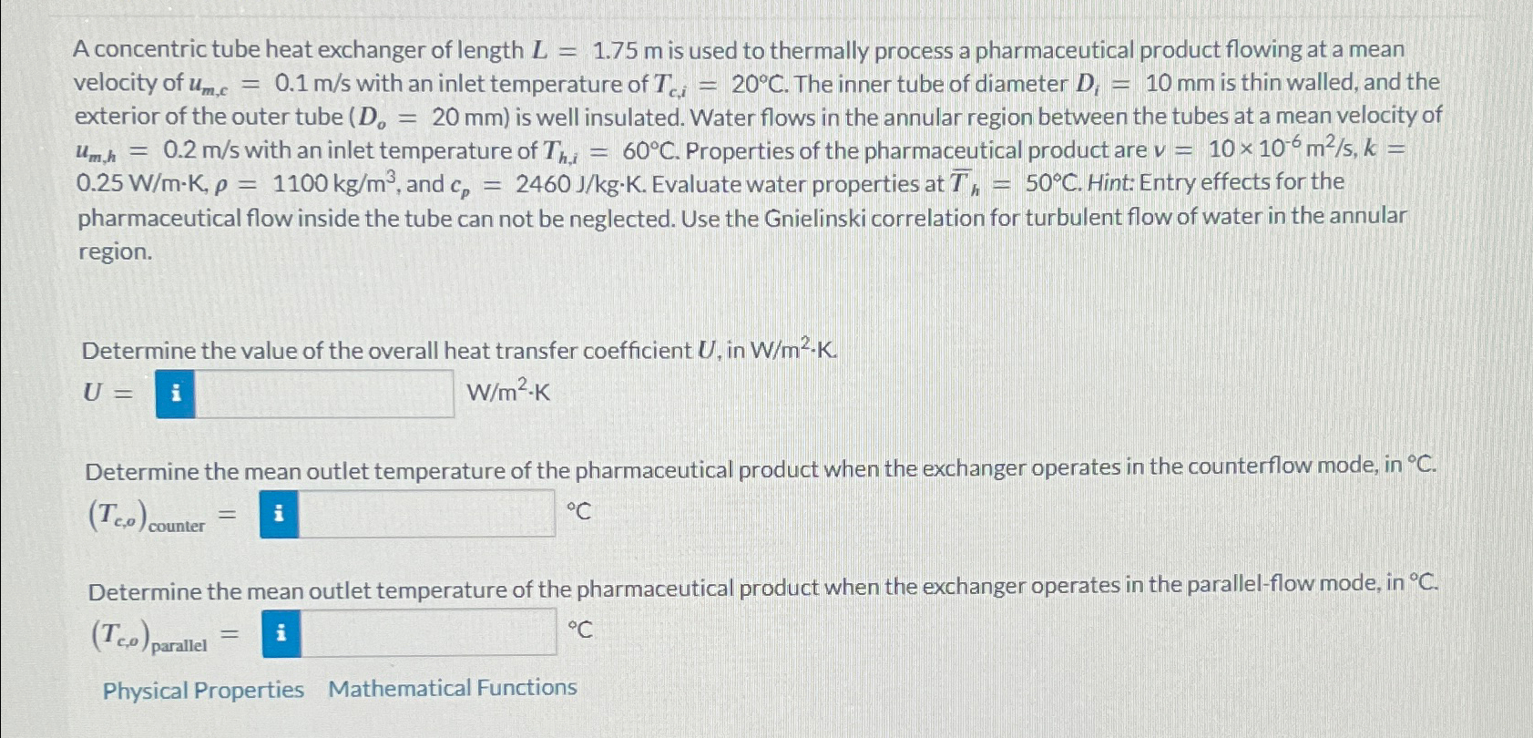 Solved A concentric tube heat exchanger of length L=1.75m | Chegg.com