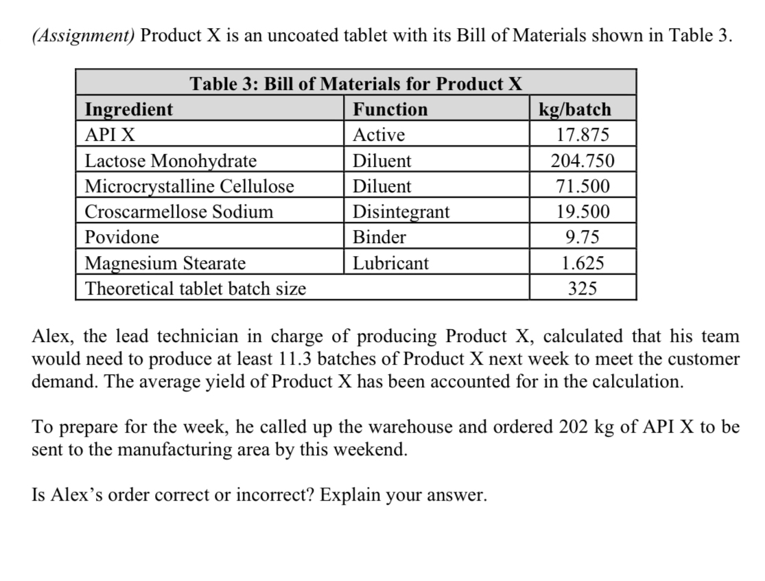 Solved Product x ﻿is an uncoated tablet with its Bill of | Chegg.com