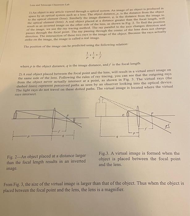 LENS AND TELESCOPE Objectives 1. To relate image and | Chegg.com
