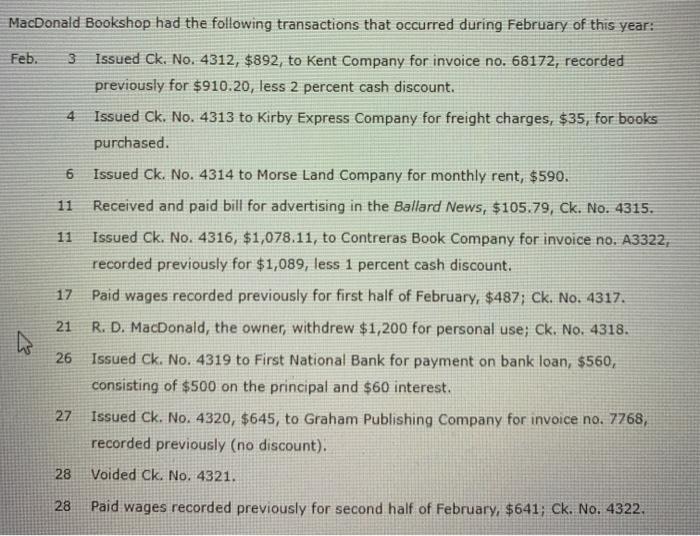 Solved MacDonald Bookshop had the following transactions | Chegg.com