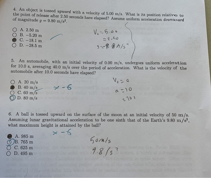 Solved 4. An object is tossed upward with a velocity of 5.00 | Chegg.com