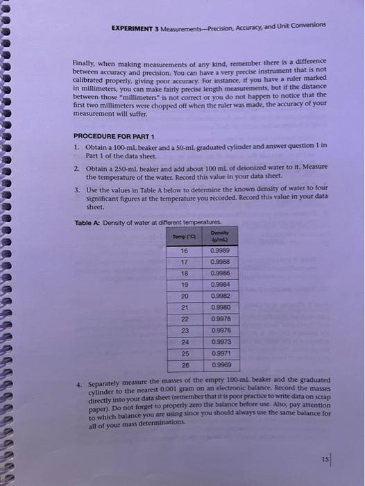 EXPERIMENT 3 Measurements --Precision, Accuracy, and | Chegg.com