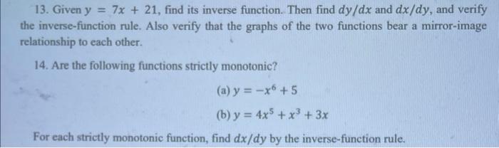 Solved 13. Given y=7x+21, find its inverse function. Then | Chegg.com