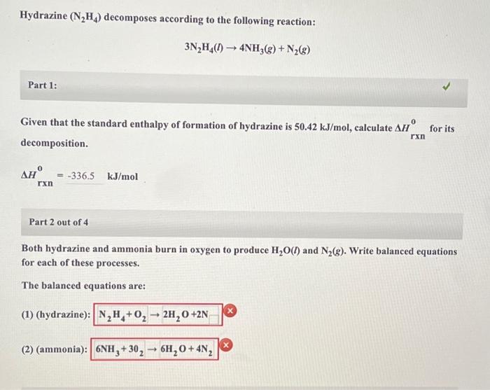 Solved Hydrazine (N2H4) decomposes according to the | Chegg.com