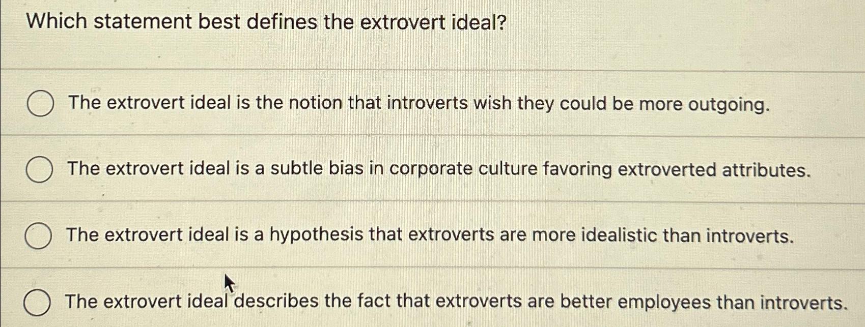 Solved Which statement best defines the extrovert ideal?The | Chegg.com