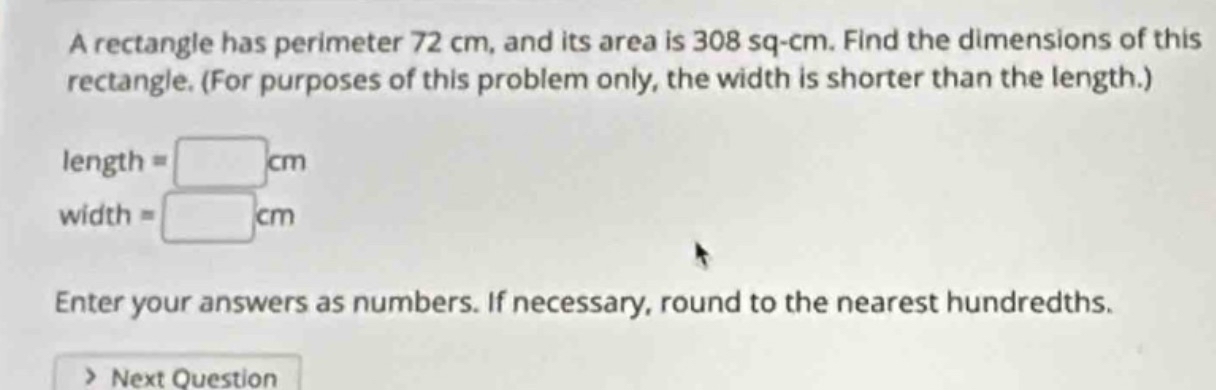 Solved A rectangle has perimeter 72cm, ﻿and its area is | Chegg.com