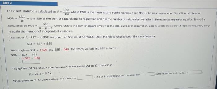 Solved Step 2 The F test statistic is calculated as MSR | Chegg.com