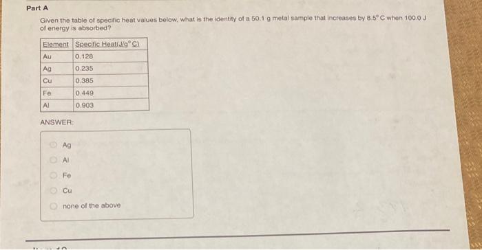 Solved Part A Given the table of specific heat values below, | Chegg.com