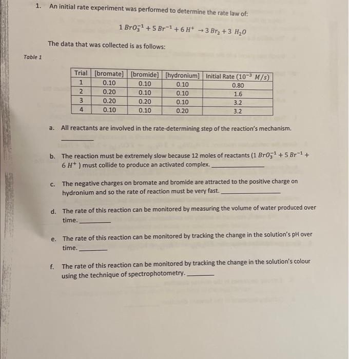 Solved 1. An initial rate experiment was performed to | Chegg.com