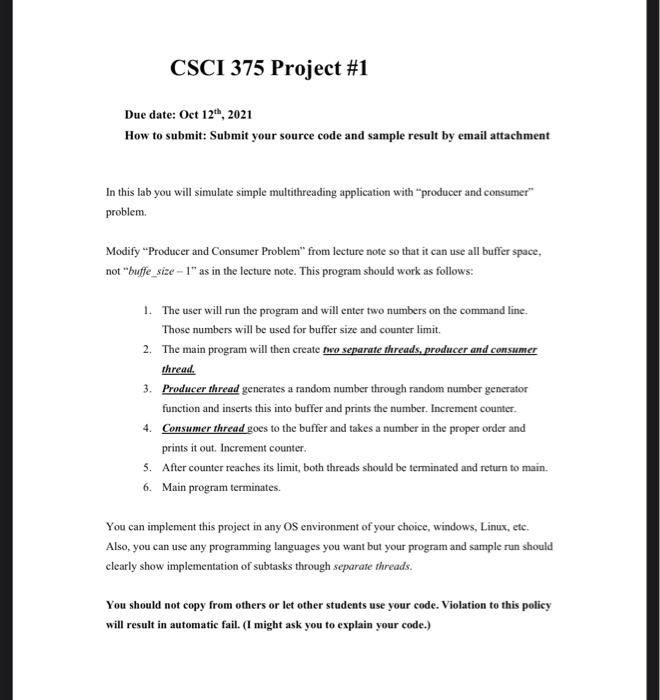 CSCI 375 Project #1 Due date: Oct 12th, 2021 How to | Chegg.com