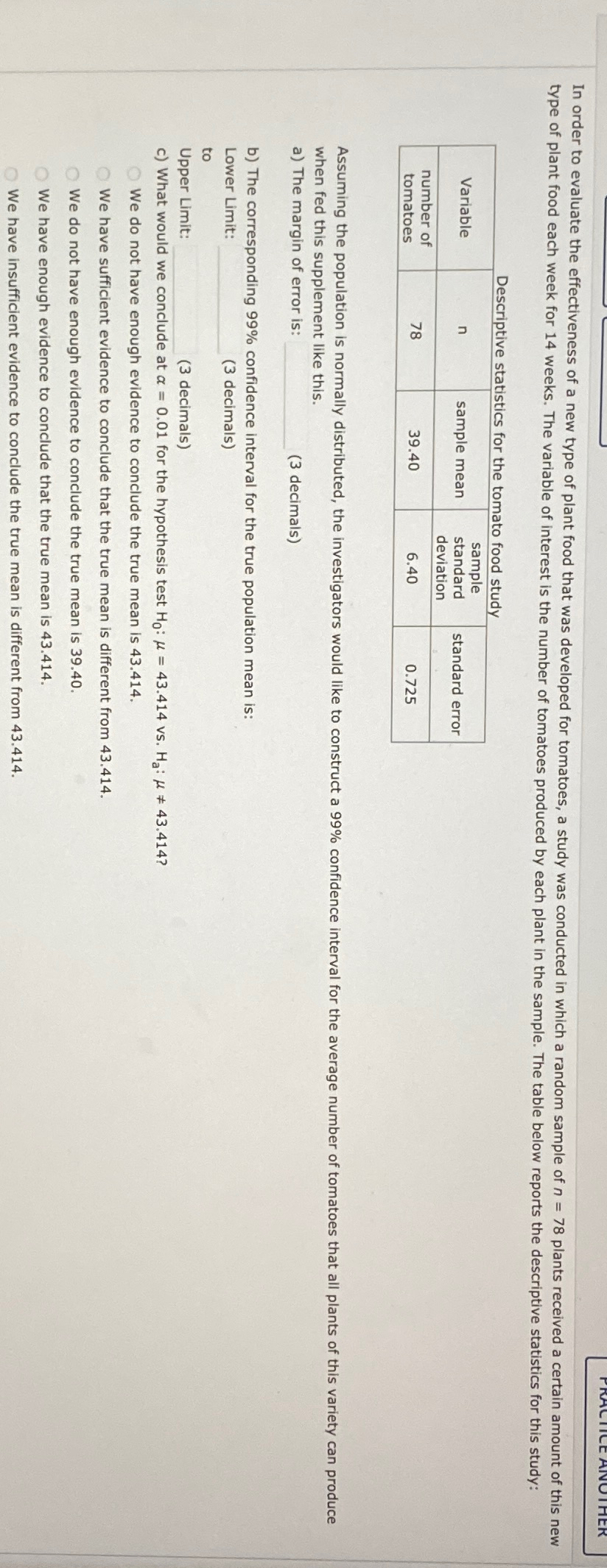 Solved \table[[Descriptive statistics for the tomato food | Chegg.com