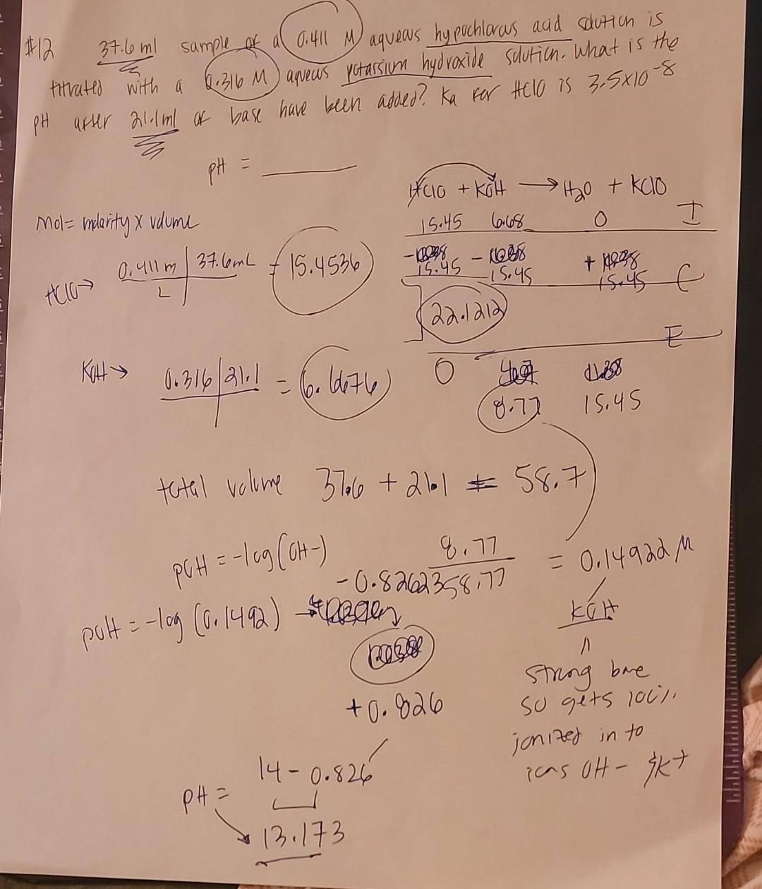 Solved 37.6 mL sample of a 0.411M aqueous hypochlorous acid | Chegg.com